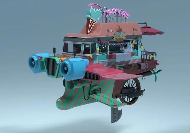 3D Model – Flying Ice Cream Truck Low-poly (PBR)