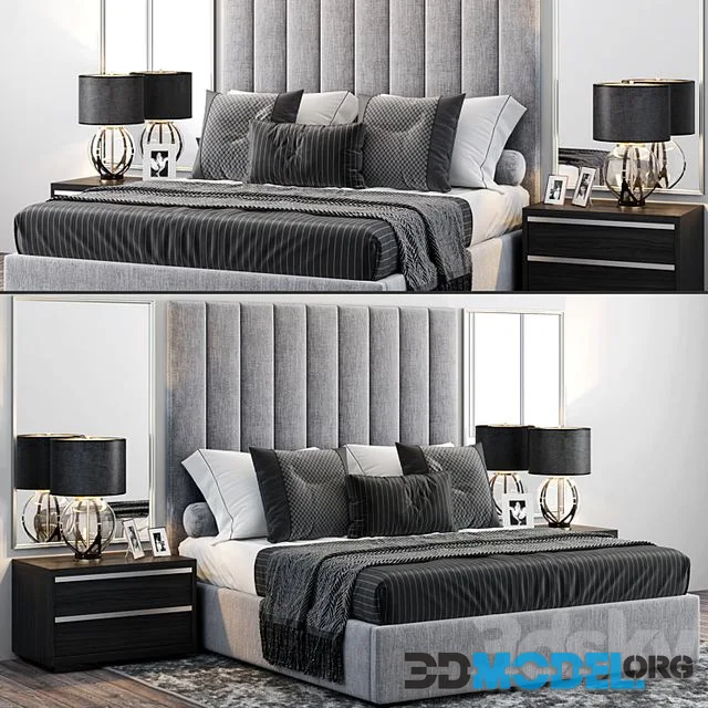 3D Model – RH Modena Vertical Channel Panel Fabric Platform Bed with table lamps
