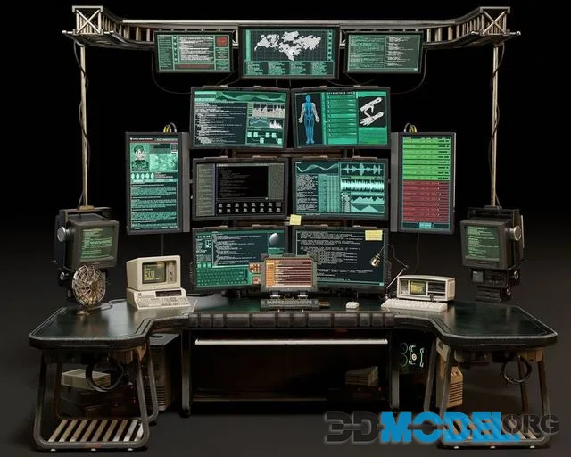 3D Model – Sci-Fi Hacker Desk Setup Scene Low-poly (PBR)