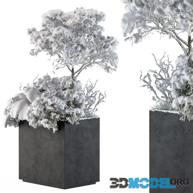 3D Model – Outdoor Plants tree in Concrete Pot Snow – Set 108