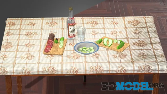 3D Model – Soviet Dinner Table Asset (With Food And Drinks) (PBR)