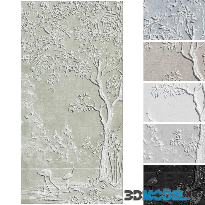 3D Model – Botanical bas-relief plaster wall decorative panel flamingo ...