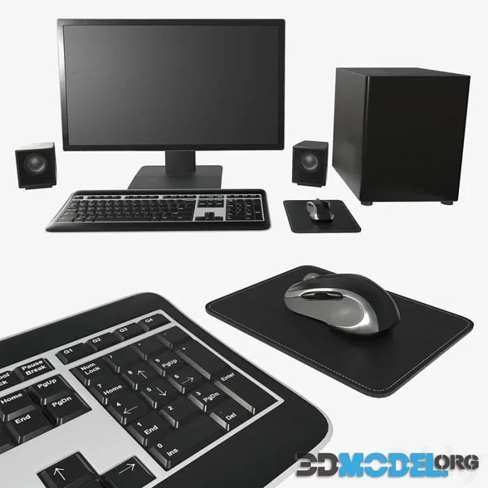 3D Model – Computer monitor keyboard mouse pad speakers woofer set