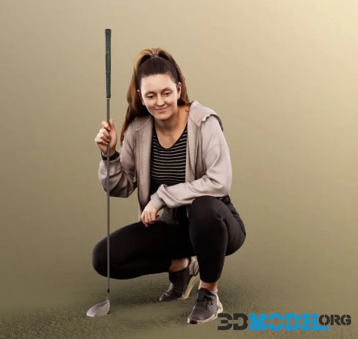 3D Model – Crouching Golfer Girl With Golf Club (PBR)