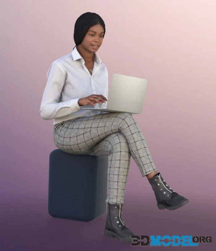 3D Model – Sitting Black Girl Woman With Laptop Netbook (PBR)