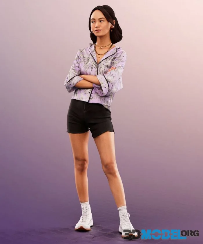 3D Model – Asian woman standing short pants (PBR)