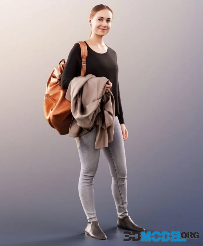 3D Model – Casual Smiling Woman with Bag and Jacket Over Arm (PBR)
