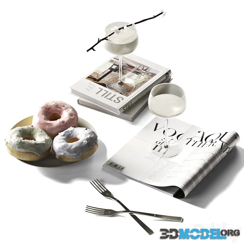 3D Model – Decorative set with donuts, milk and sakura