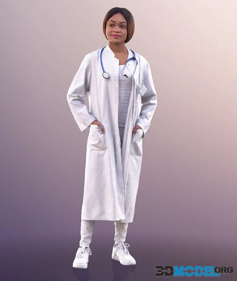3D Model – Female Black Doctor Standing Hands In Pockets low-poly (PBR)