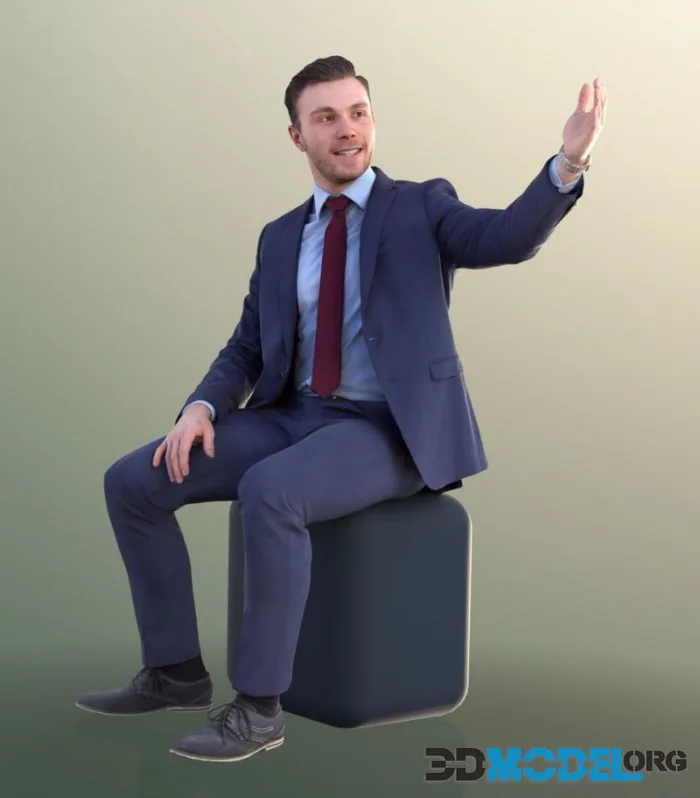 3D Model – Sitting Business Man In Suit Presenting (PBR)