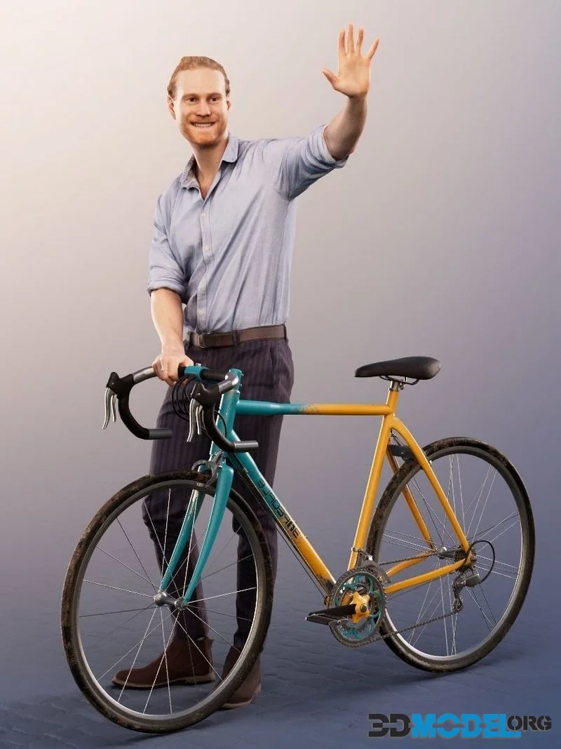 3D Model – Standing Man With Bike Waving low-poly (PBR)