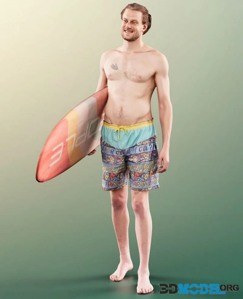 3D Model – Walking Male Surfer With Surfboard (PBR)