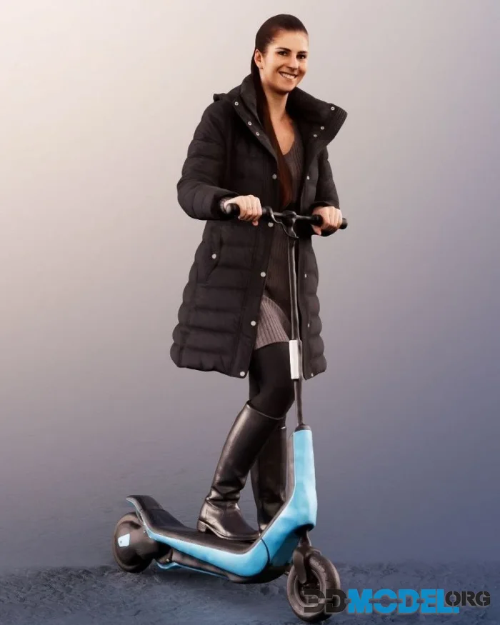 3D Model – Woman in Winter clothing standing on scooter (PBR)