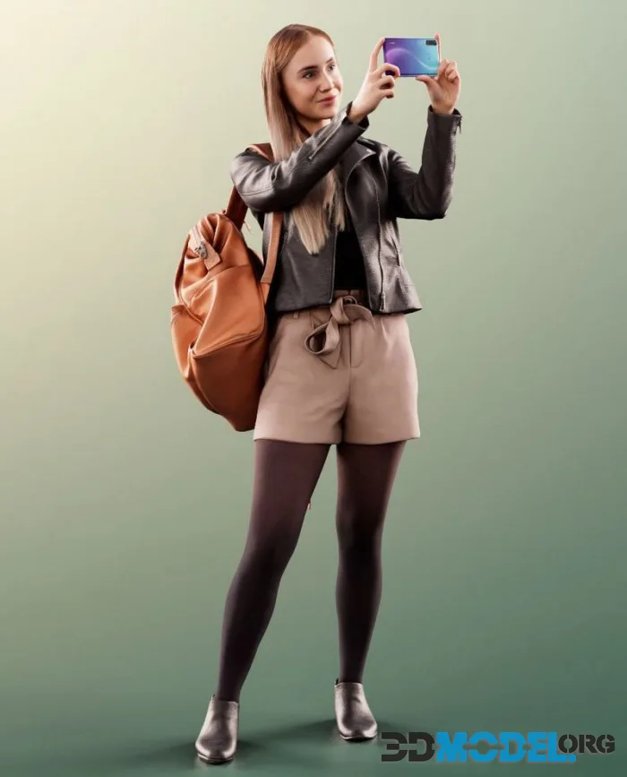 3D Model – Woman Standing Phone Backpack Leather Jacket (PBR)