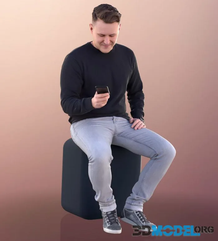 3D Model – Young Casual Man Sitting With Smartphone Texting (PBR)