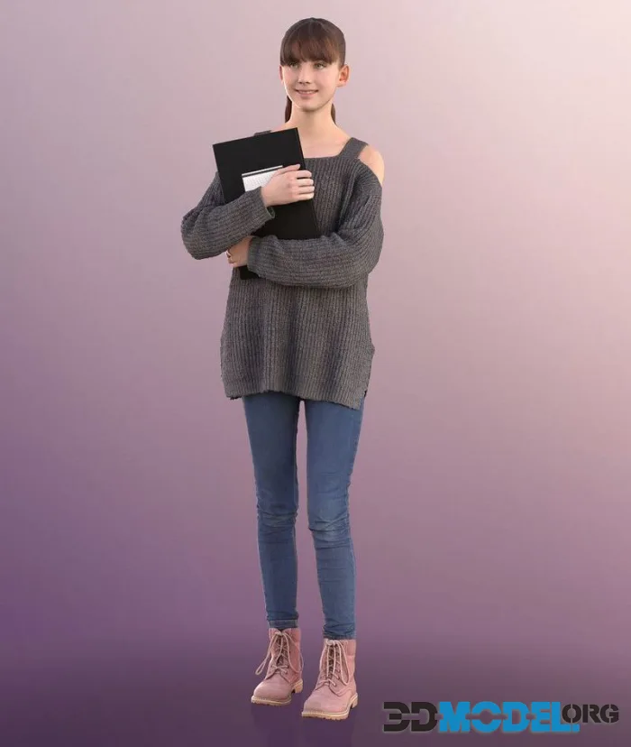 3D Model – Young Girl Holding Documents (PBR)