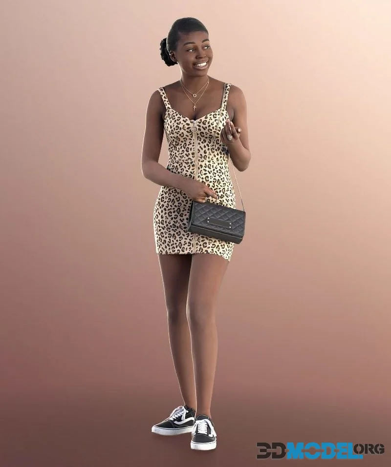 3D Model – Young Woman In Leopard Dress And Purse (PBR)