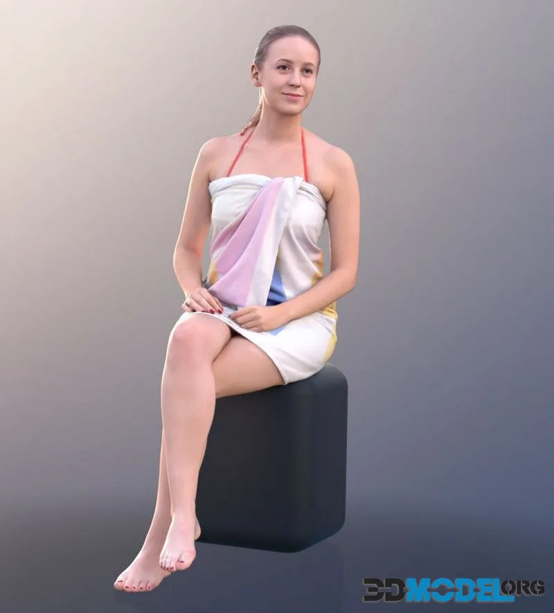 3D Model – Young Woman In Towel Sitting In A Sauna (PBR)