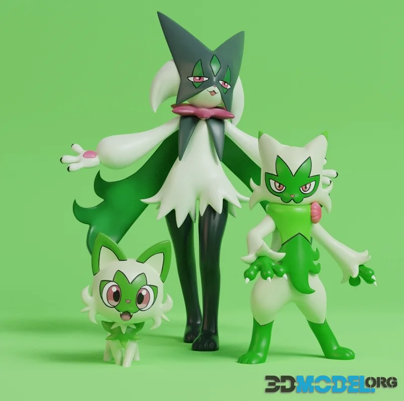 3D Model – Pokemon - Sprigatito, Floragato and Meowscarada with 2 poses ...