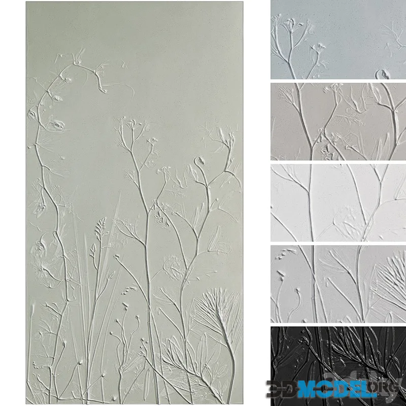 3D Model – Botanical bas-relief gypsum wall decorative panel meadow plants