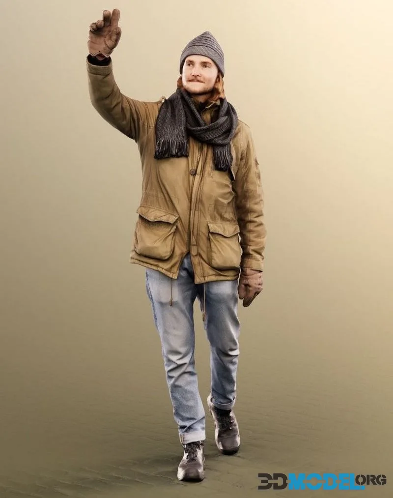 3D Model – Walking Man In Winter Outfit Waving low-poly (PBR)